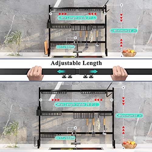 Over Sink Dish Drying Rack (Expandable Height/Length) Snap-On Design Large Dish Drainer Stainless Steel Storage Counter Organizer (31-39.5L x 12W x 34-38H inches)