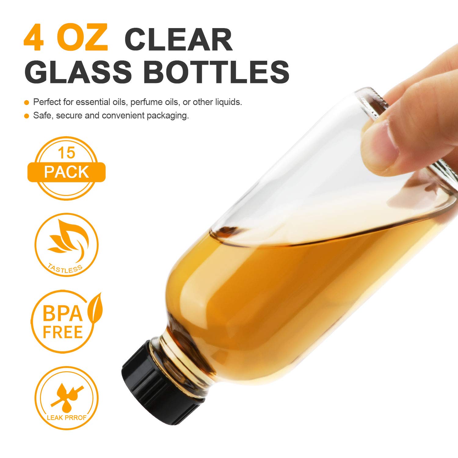 Maredash Clear Glass Bottles, 15 Pack Glass Storage Bottles with Black Lids (15 Labels, 3 Funnels, 3 Droppers, Brush)