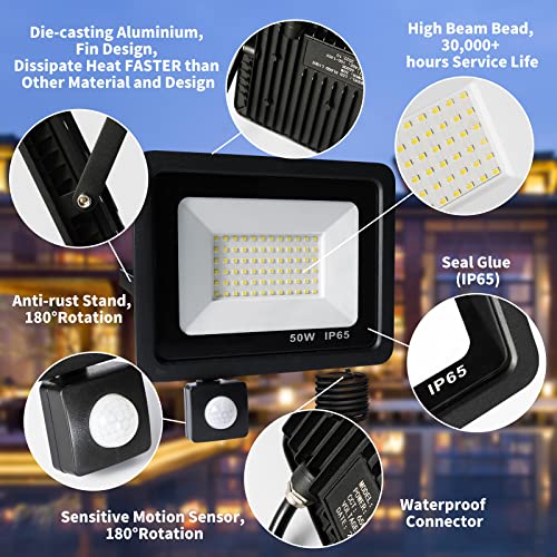 UNUSROOM 2 Pack 50W LED Flood Light Outdoor,7000LM LED Security Lights Motion Sensor Light Outdoor,6500K, Outdoor Floodlights,Plug in Motion Light Outdoor,Motion Detector Flood Light for Garage, Yard
