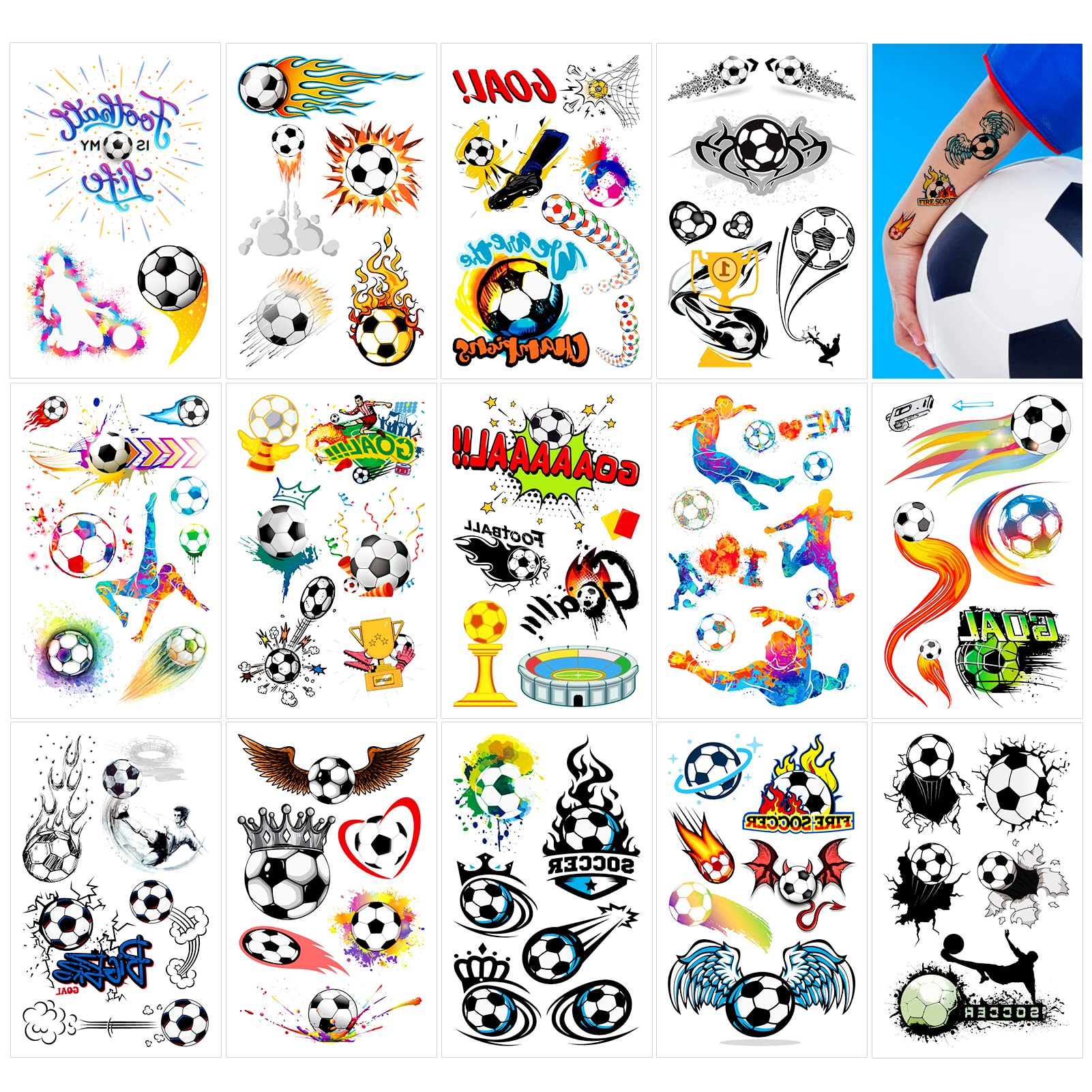 Qpout 14 Sheets Soccer Temporary Tattoos Soccer Ball Tattoos for Kids Boys World Cup Soccer Fake Tattoo Sticker, Children Birthday Party Bag & Stocking Filler Kids Game Gifts Party Favour Supplies