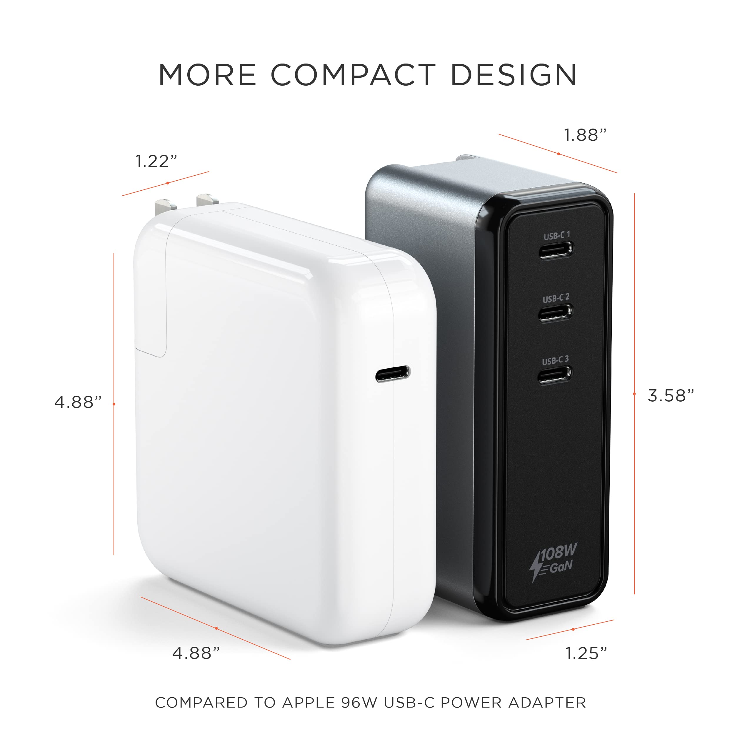 Satechi 108W USB C 3-Port GaN Wall Charger – for M2/ M1 MacBook Pro/Air, M2/ M1 iPad Pro/Air, iPhone 15 Pro Max/15 Pro/15/15 Plus