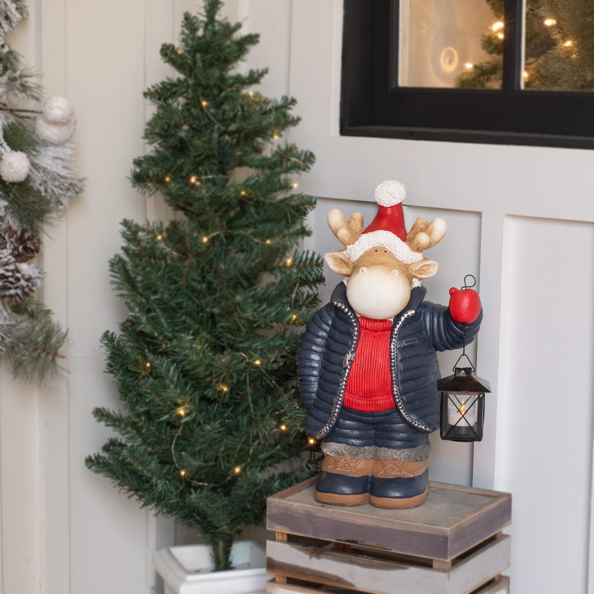 Mark Feldstein & Associates Merry Moose Holding Lantern Natural Brown 17 inch Resin Stone Christmas Door Greeter Figurine