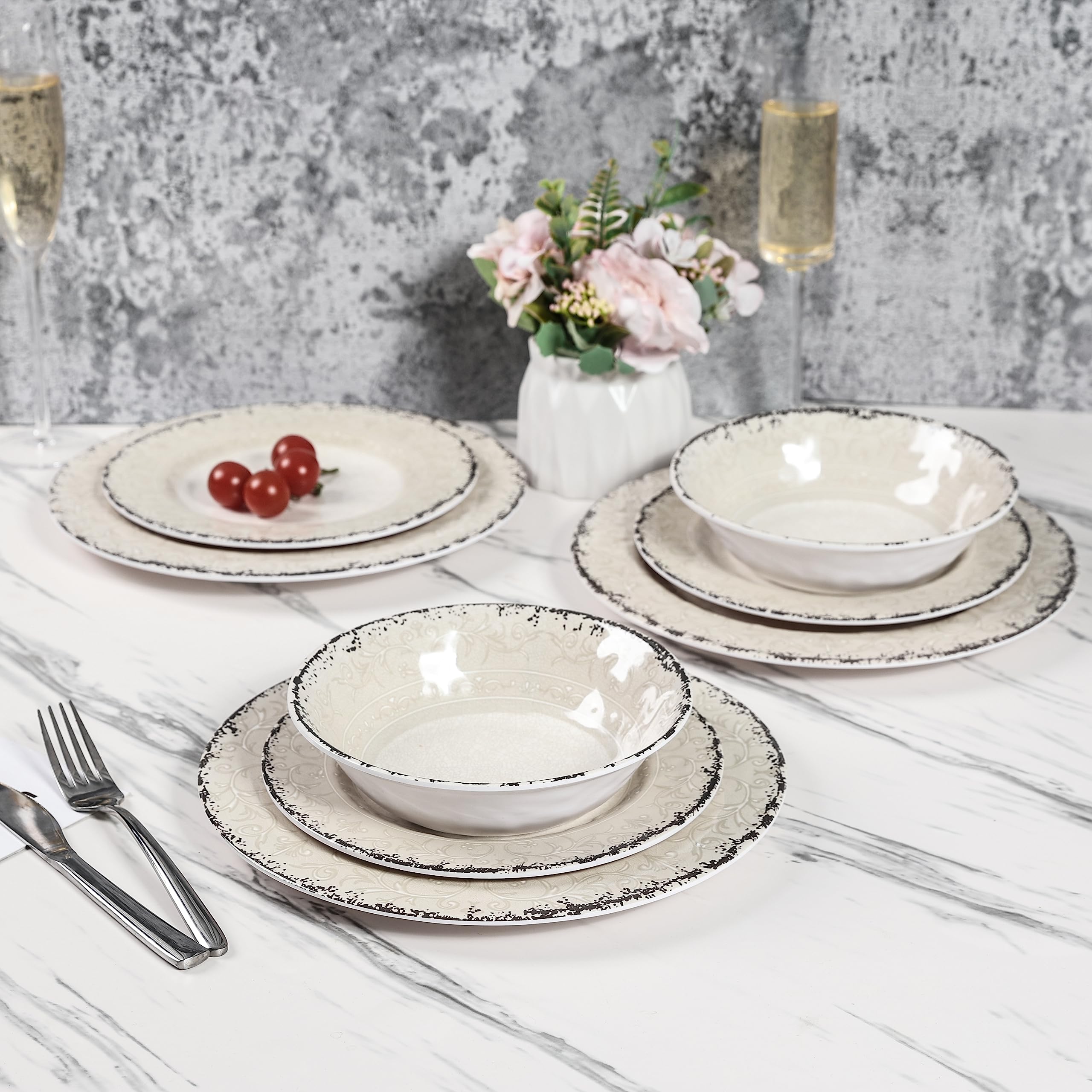 Melamine Dinnerware Sets for 4-12pcs Dinnerware Dishes Set,Plate and Bowl Set, Indoor and Outdoor Use, Dishwasher safe, Unbreakable, Light Grey