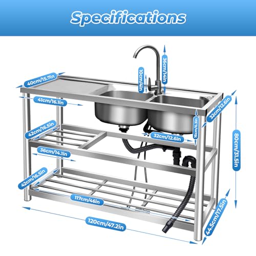 Utility Sink, 2 Compartment Stainless Steel Commercial Kitchen Prep & Utility Sink with Drainboard - Expanded Size 47" x 33" x 17"