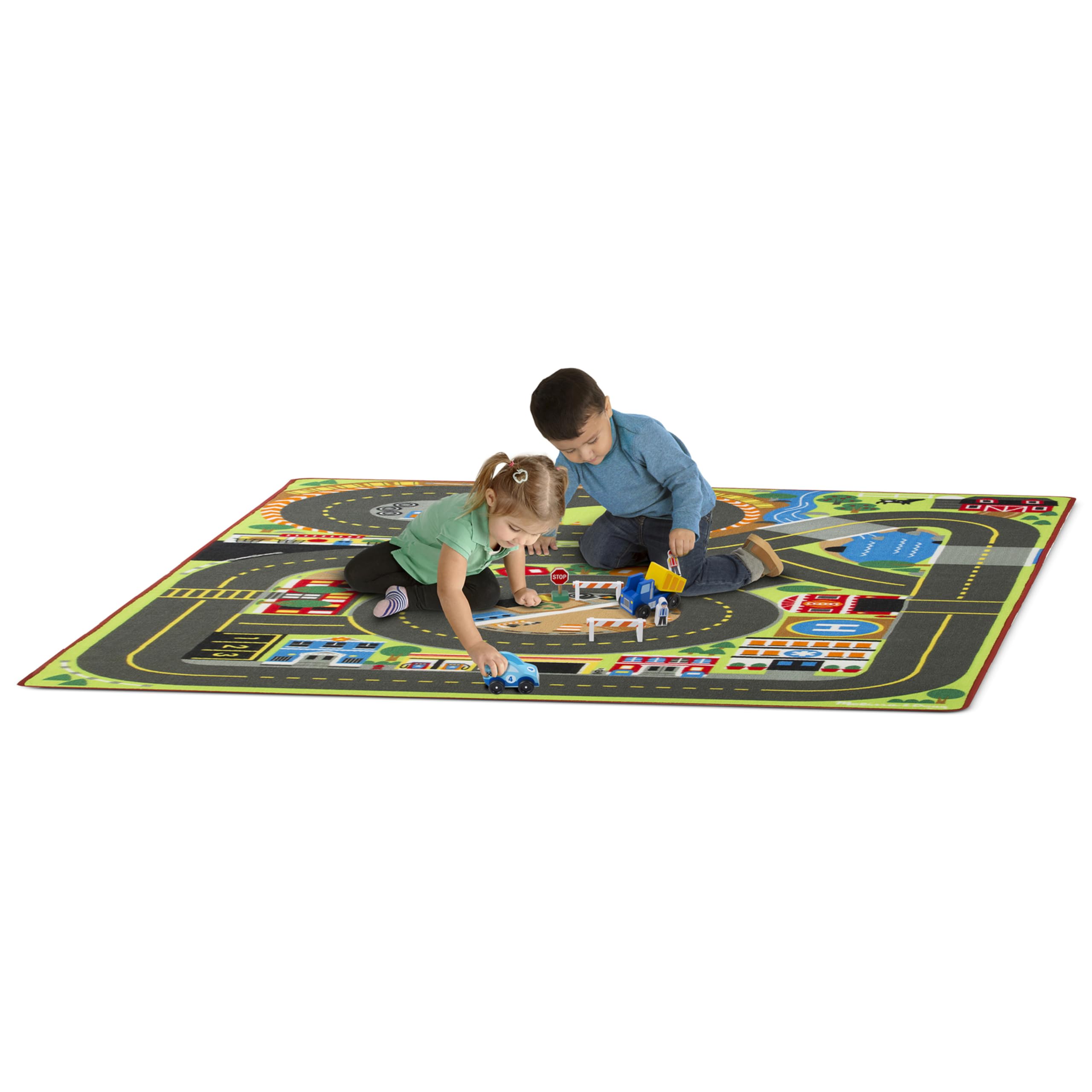 Melissa & Doug Jumbo Roadway Activity Rug, 4 Wooden Traffic Signs, 79"L X 60"W - Pretend Play Road Activity Rug