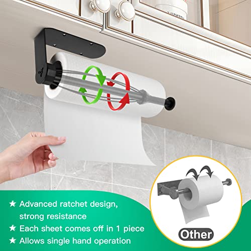 Paper Towel Holder Under Cabinet, Single Hand Operable Paper Towel Holder Wall Mount with Damping Effect, Self-Adhesive or Drilled Black Paper Roll Holder for Kitchen, Bathroom, RV