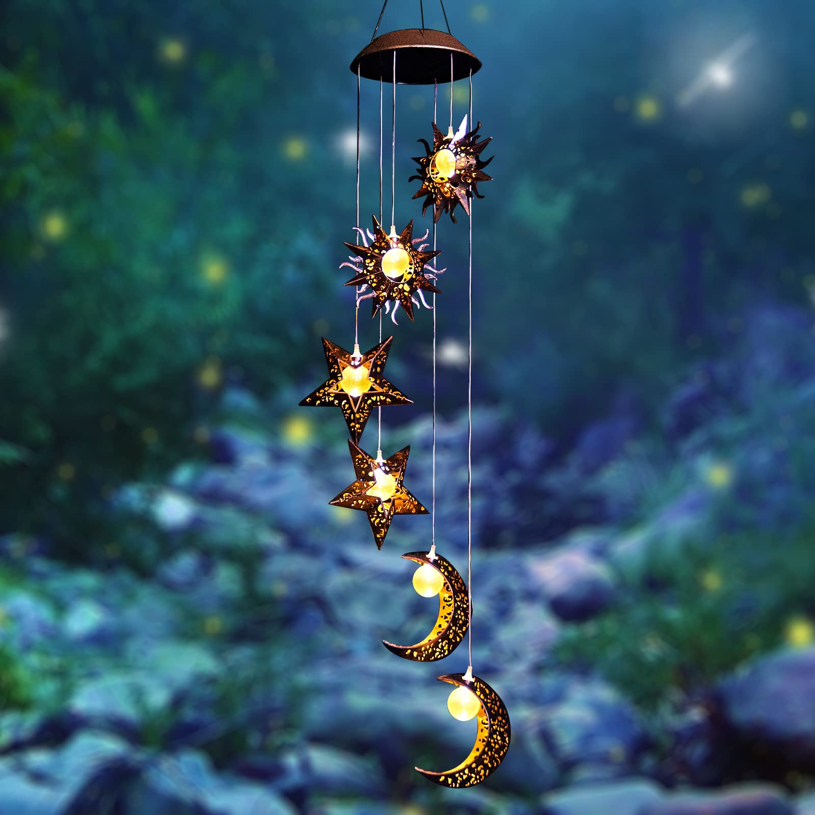 Tryme Solar Powered Wind Chimes with Sun Moon Star Warm LED Windchimes Hanging Outdoor Lights Unique Decor Gifts for Wife Mom Grandma Neighbors