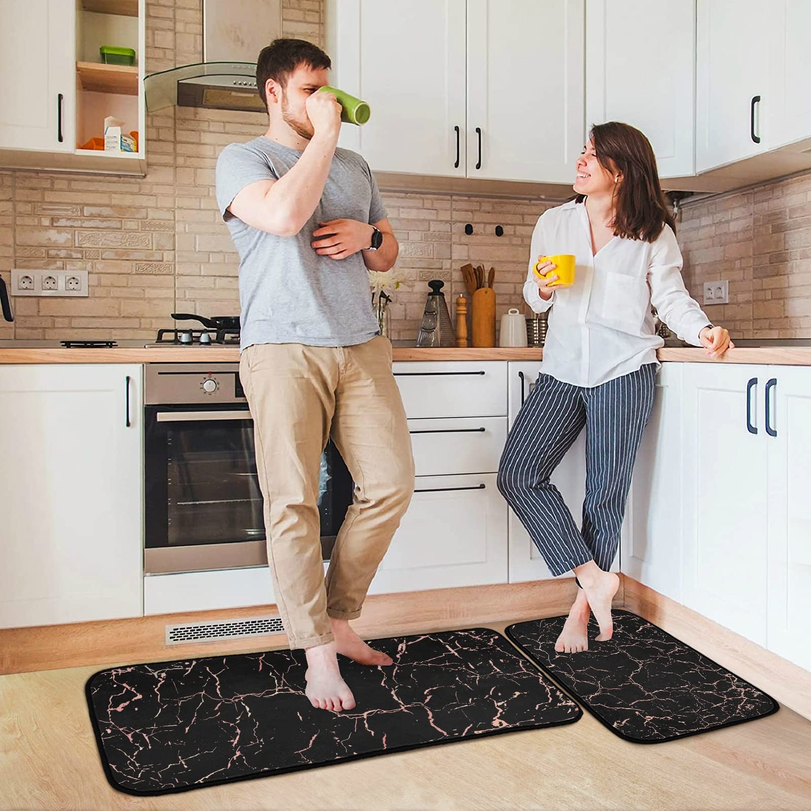 Rose Gold Marble Texture Kitchen Rugs Set 2 Pieces Washable Kitchen Mat Non-Slip Soft Absorbent Microfiber Bath Doormat Carpet Runner Rug Set for Floor Sink 20"x28"+20"x47"
