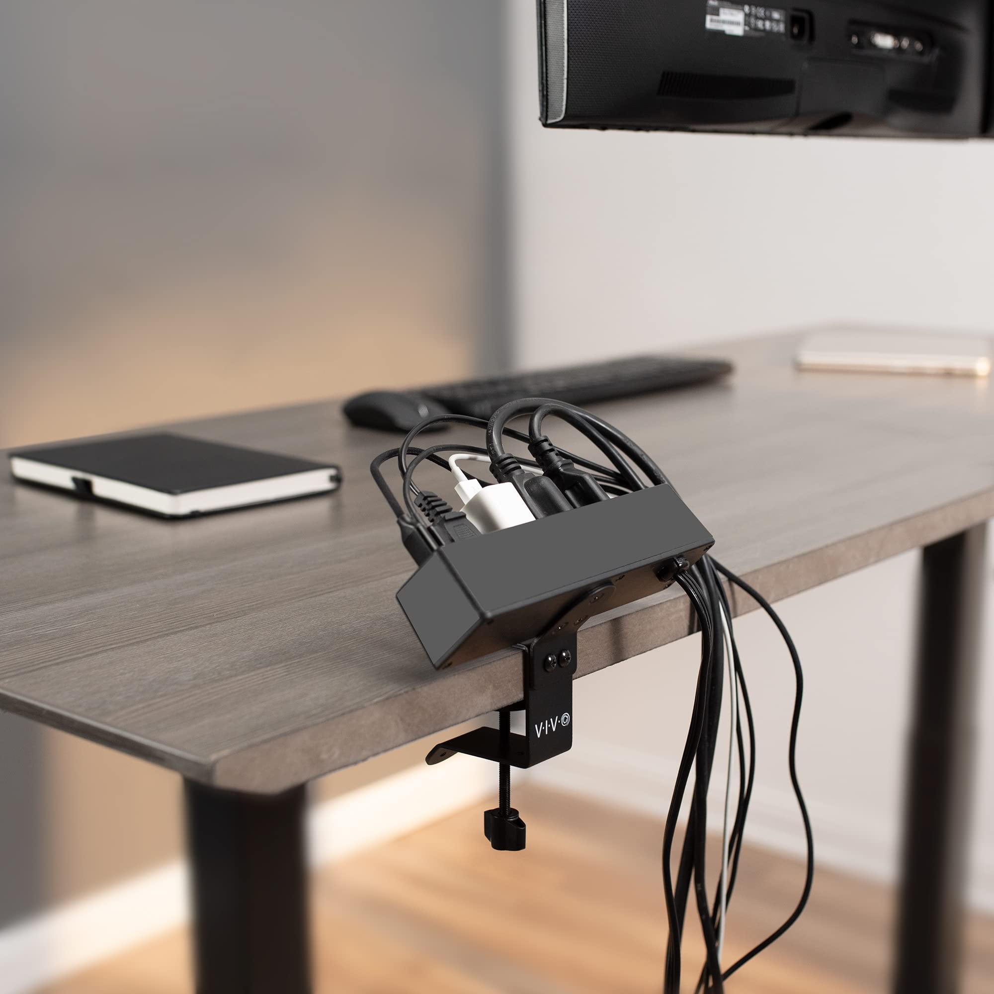 VIVO Clamp-on Power Strip, All-in-One Power Hub Desk Mount with 2 USB Ports, 4 AC Outlets, Tabletop Plugs with 6ft Cord, Black, DESK-AC120V