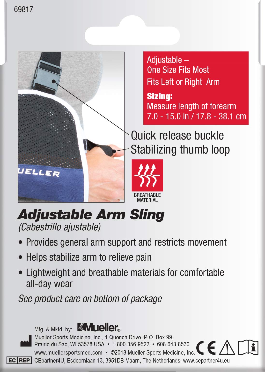 MUELLER Sports Medicine Adjustable Arm Sling - Comfortable Support for Left or Right Shoulder and Arm Injury, For Men and Women, Blue w/ Black Mesh, One Size Fits Most