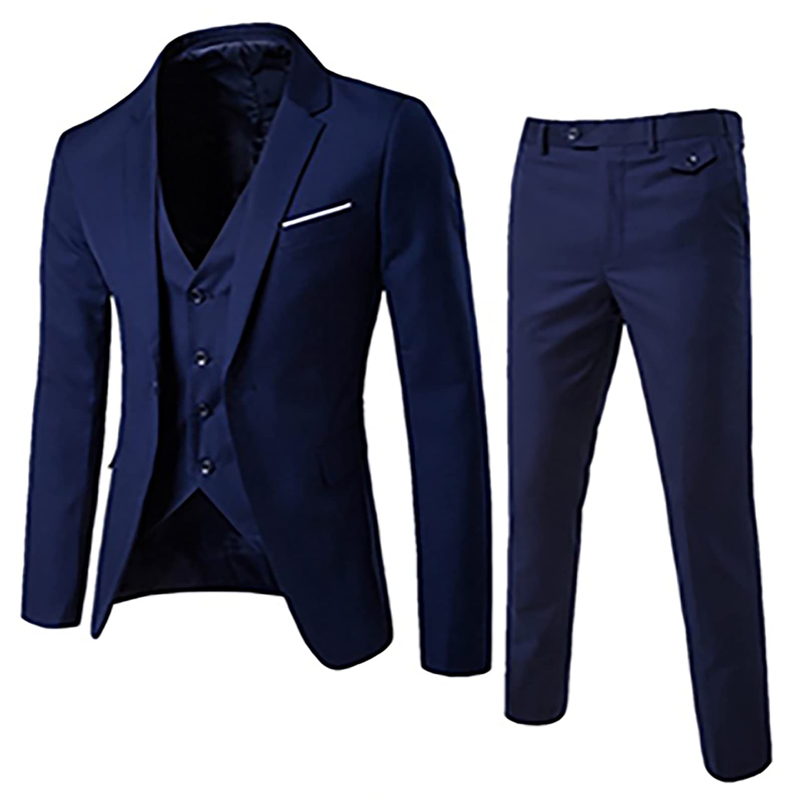 Men's 3 Piece Solid Suit Set, One Button Slim Fit Casual Blazer Jacket Vest Pants Business Notch Lapel Tux Dress Navy