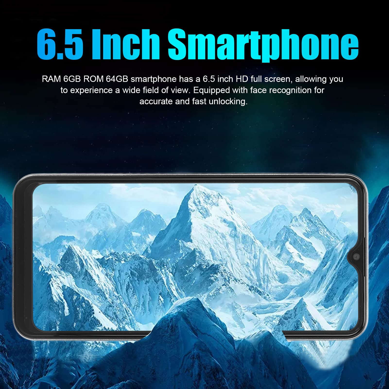 TUORE Smart Phone, 6.5 Inch Mobile Phone 5MP Front 13MP Rear Camera RAM 6GB ROM 64GB 3 Card Slots Ultra Long Standby Time 100-240V Face Recognition for Adults (US Plug)