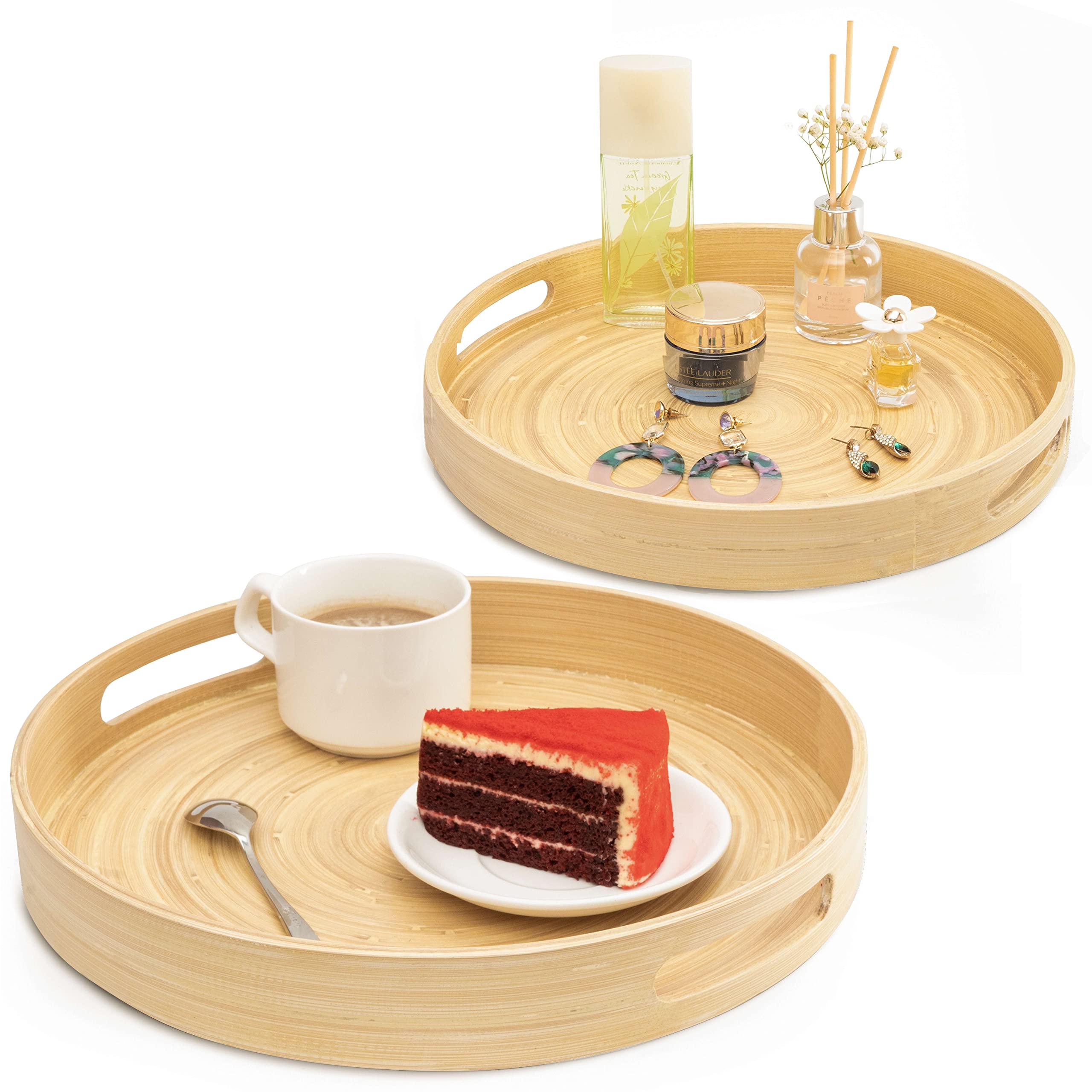 Round Serving Tray with Handles Bamboo Trays Serving Large Decorative Tea Trays for Coffee Table Bar Home Decor Bathroom Centerpieces Outdoor Organizing Tray for Vanity Fruit Set 2 (Bamboo Natural)