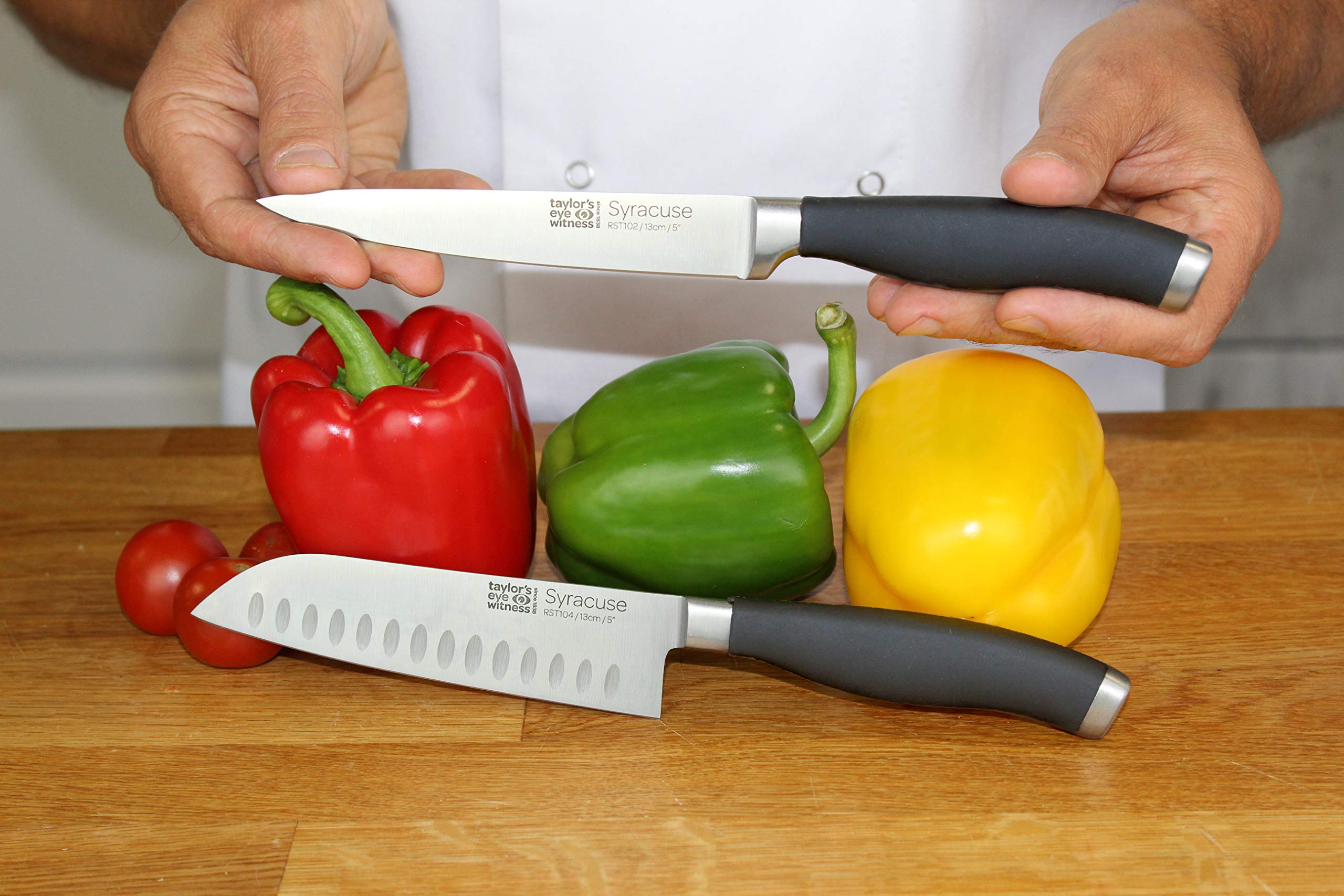 Taylors Eye Witness Syracuse Asian Kitchen Knife Set - Chefs Santoku 13cm/5β & Cooks All Purpose 13cm/5β Cutting Edge, Multi Use. Ultra Fine, Razor Sharp Blade. Soft Textured Grip Matte Black Handle.