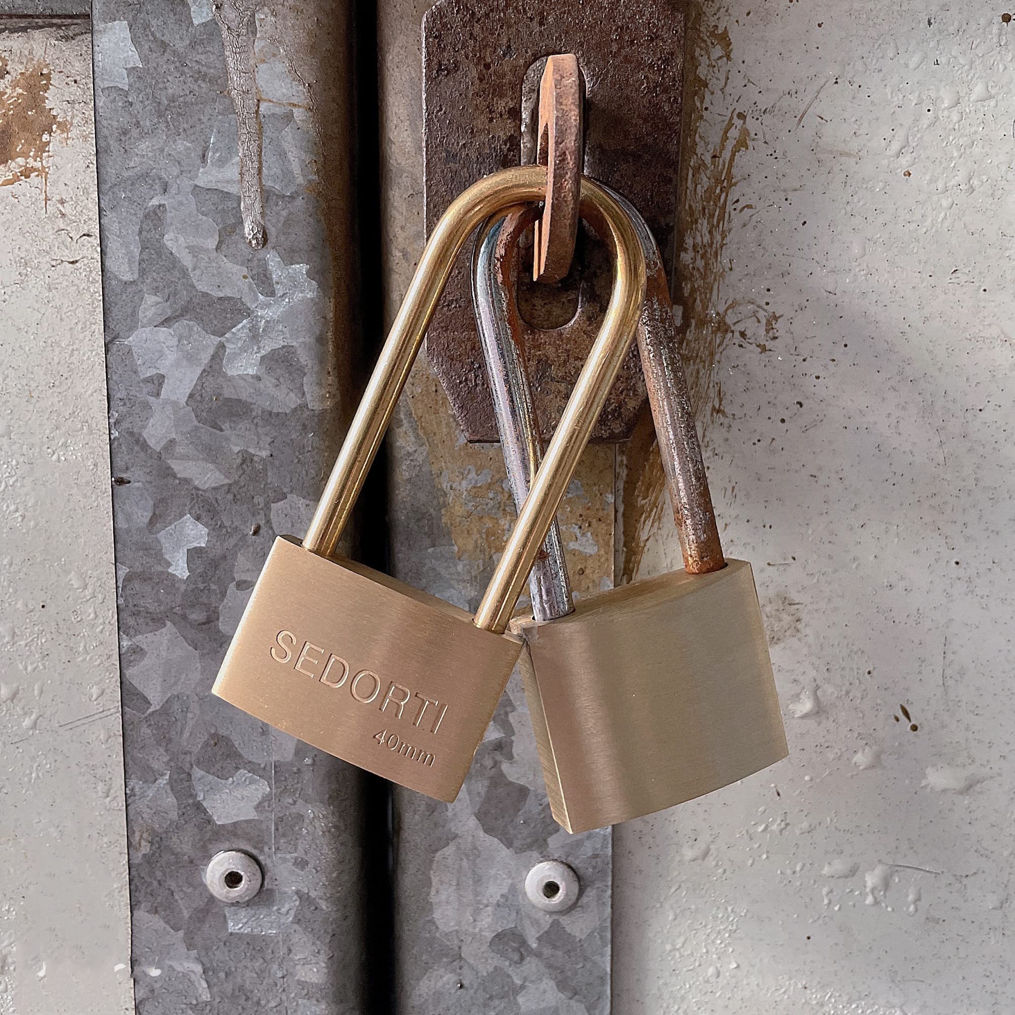 SEDORTI Weather Proof Lock, Solid Brass Padlock with Brass Long Shackle, 1-1/2" Wide, Marine Padlock