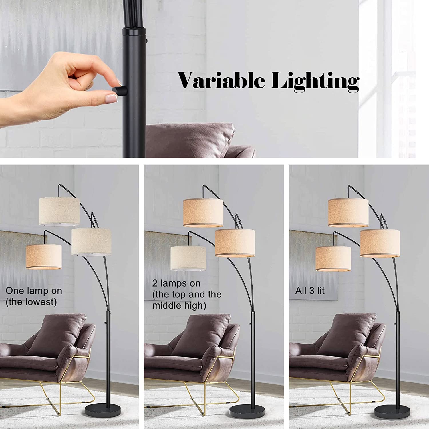PARTPHONER Arc Floor Lamps for Living Room, Modern Black Floor Lamp Tall Standing Lamps, Multi-Arm Trilage Arched Floor Lamp for Bedroom Lounge Home Office, Light Beige Shades