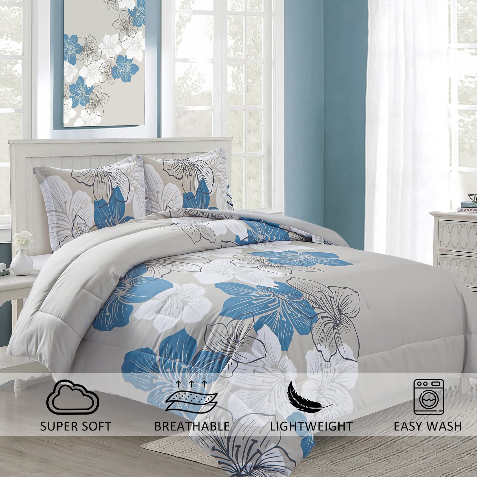 Menghomeus Black Comforter Set Queen - Red and White Floral Comforter with 2 Pillowcases Modern Bedding Sets Lightweight Boho Bed Set for All Season
