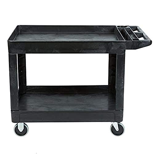 Rubbermaid Commercial Products 2-Shelf Utility/Service Cart, Medium, Lipped Shelves, Storage Handle, 500 lbs. Capacity, for Warehouse/Garage/Cleaning/Manufacturing (FG452089BLA) ,Black
