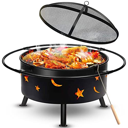 WASAKKY Fire Pits Wood Burning Grill - 30â Round Steel Deep Bowl Firepit - Backyard CosmicďźStars and Moons Firepit 2-in-1 for Outside Patio Cooking Black