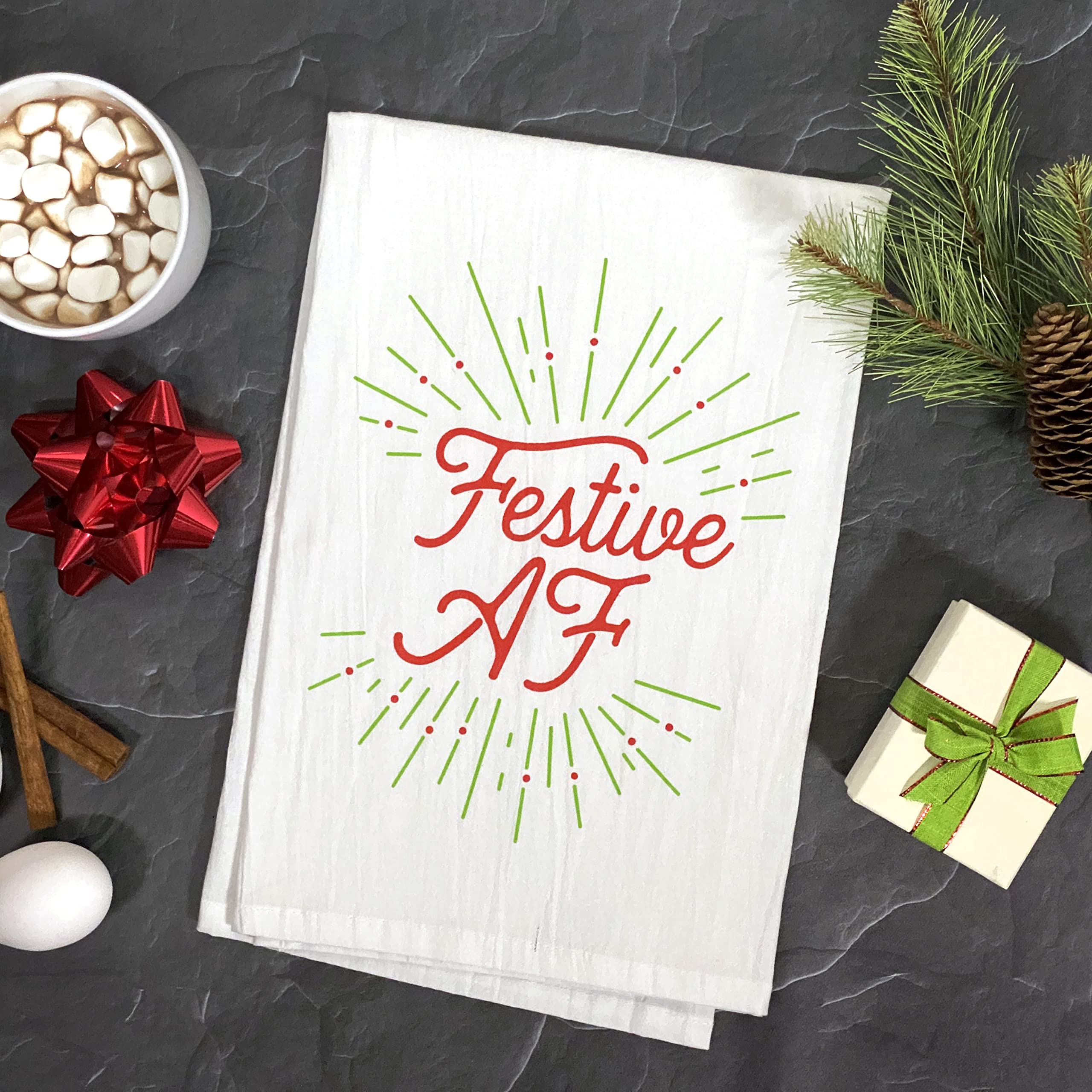 RubiaRojo Holiday Kitchen Towel β Festive AF β White Flour Sack Hand Towel