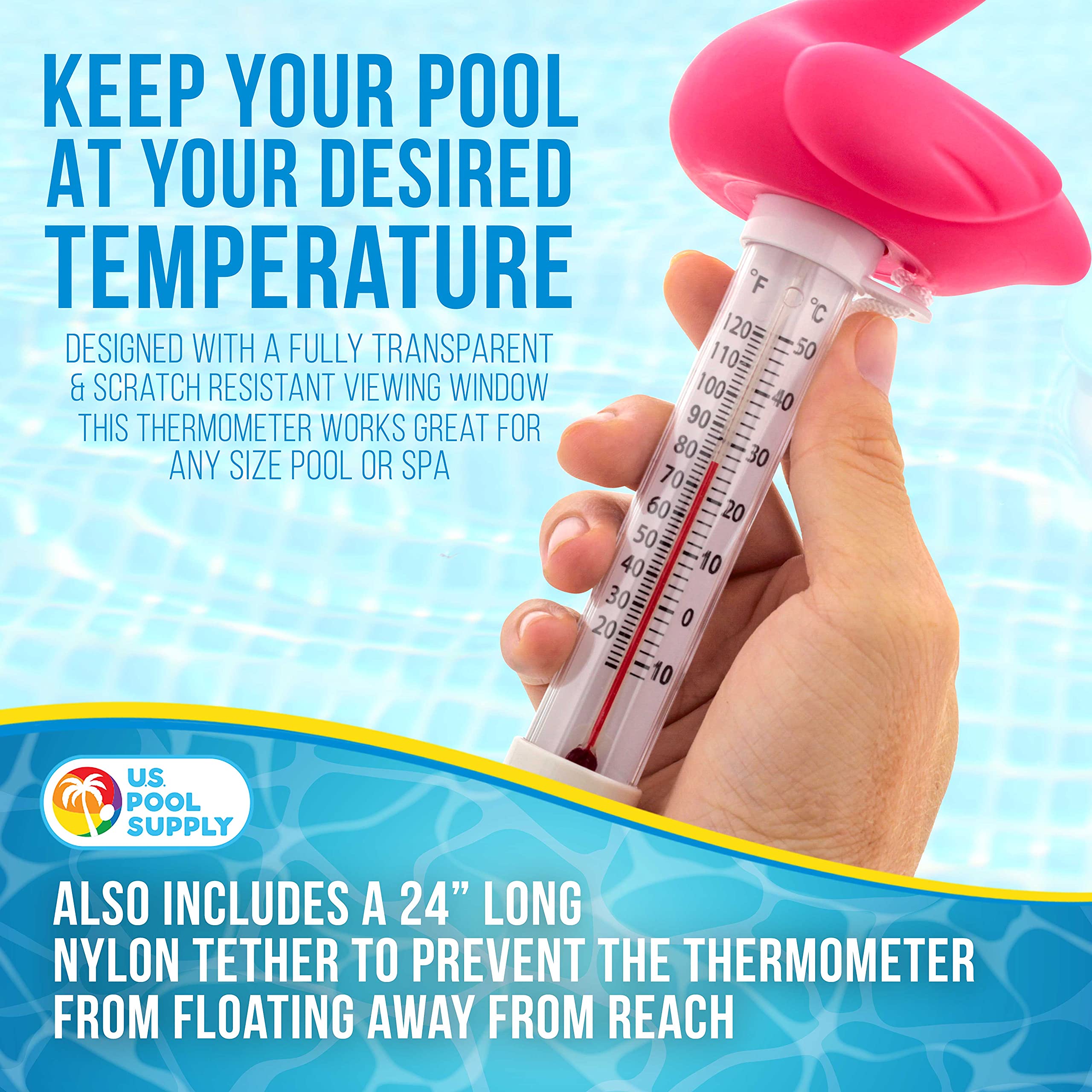 U.S. Pool Supply Floating Flamingo Thermometer - Easy to Read Temperature Display, Measures up to 120° Fahrenheit & 50° Celsius - Swimming Pools, Spas, Kids Pools, Cute Fun Pink Animal, Tether String