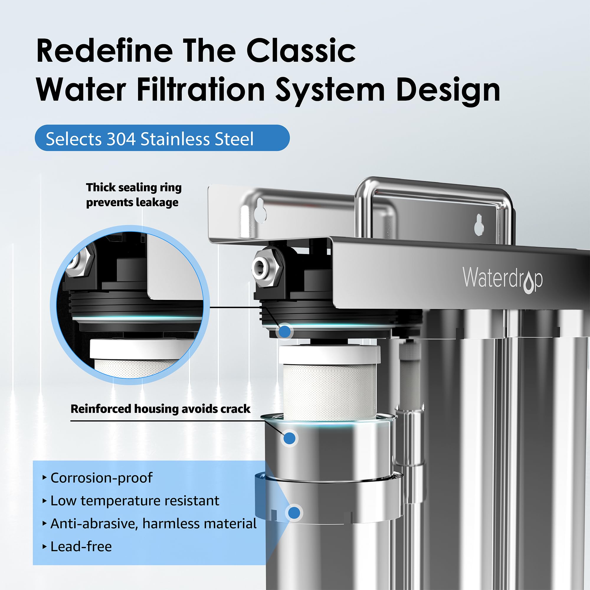 Waterdrop TST-UF 0.01μm Ultra-Filtration Under Sink Water Filter, Stainless Steel, 5X Service Life,Remove 99.99% of Contąminants Larger Than 0.01μm, USA Tech (3 Filter Included)
