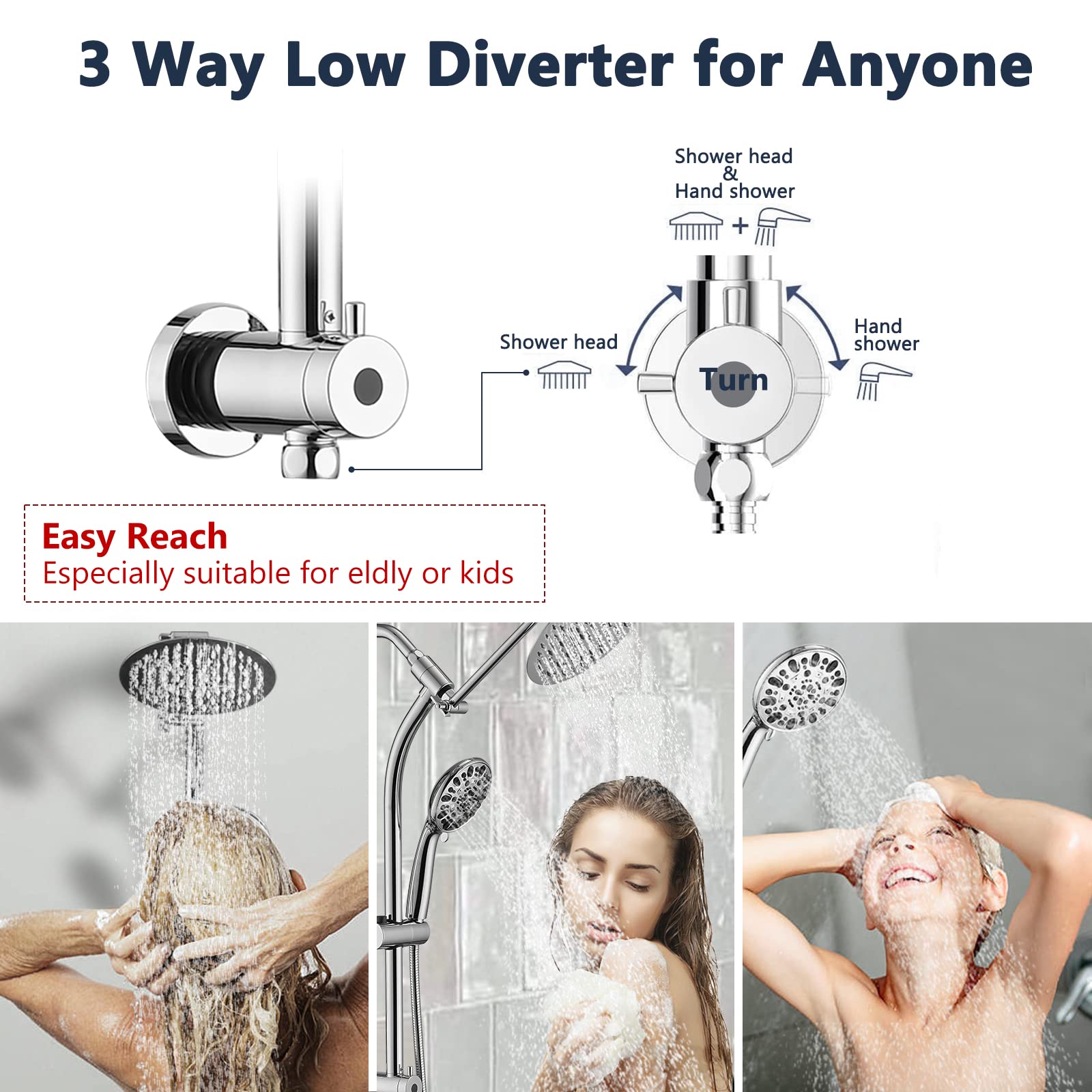 UCLIMAA Rainfall 8 Inch Round Shower Head with High Pressure Handheld Spray Combo, Drill-Free Slide Bar with Adjustable Shower Extension Arm, 3-Way Low Diverter for Easy Reach, 5Ft Hose- Chrome