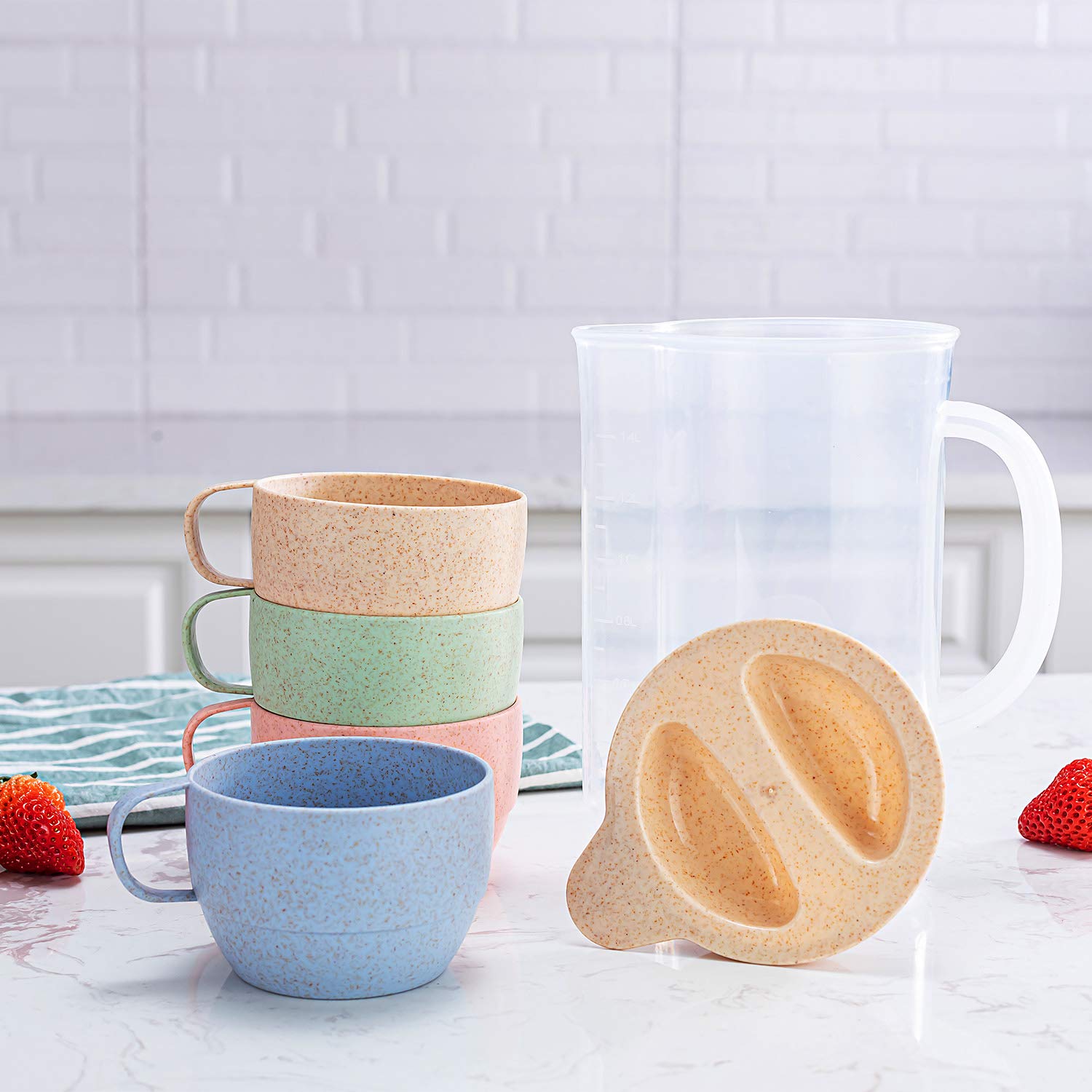 UDOIT Unbreakable Wheat Straw Kettle Set with 4 Multicolor Cups for Kids Children Toddler Adult, Lightweight Natural Reusable Drinking Mugs Pitcher Jug for Coffee, Tea, Water, Milk, Juice