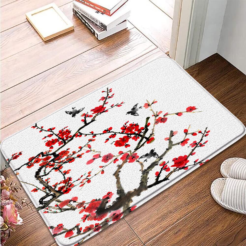 Red Floral Bath Mat Spring Blooming Cherry Blossom Flower Plum Asian Japanese Aesthetic Watercolor Traditional Weeping Branch Ink Scenery Memory Foam Bathroom Rug Indoor Carpet Doormat 24x16 Inch
