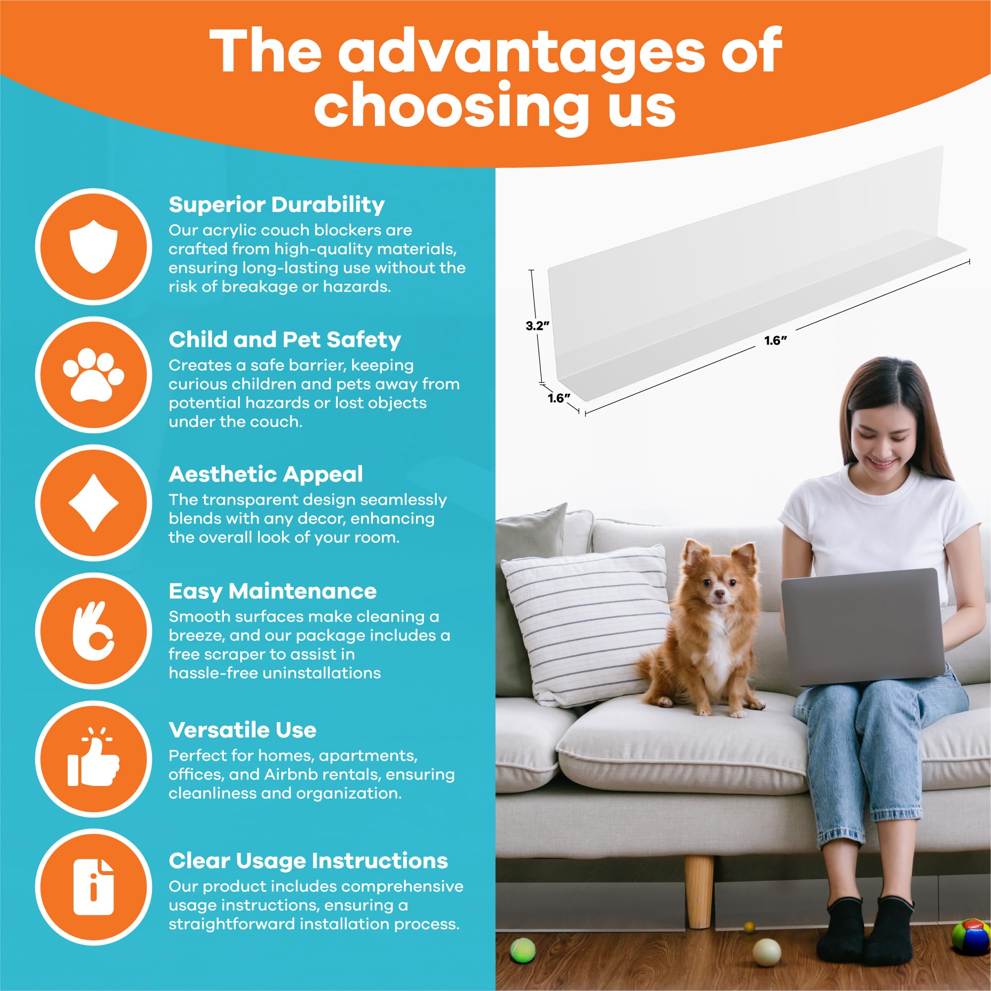 PawsnPlay 8-Pack Acrylic Under Furniture Blocker,Toy Blocker for Under Couch,Couch Stoppers to Prevent items going under sofa, Transparent couch underneath blocker with Strong Adhesive Tape & Scraper