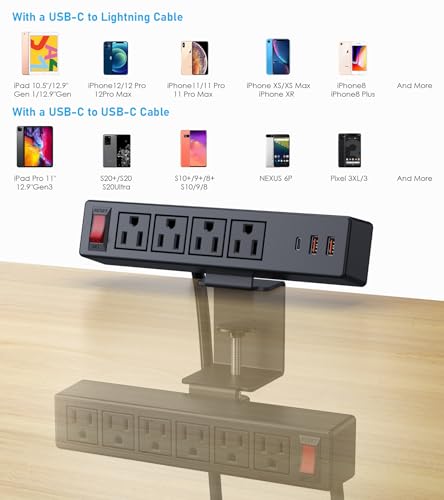 VILONG Desk Clamp Power Strip with USB, 2 in 1 Dual Layer Desktop Edge Power Strip, Removable Clamp Power Socket with 10AC Outlets & Switch, 6ft Extension Cord(Black)