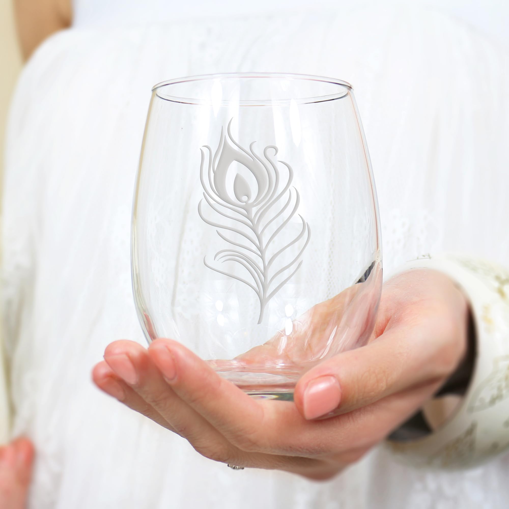 Peacock Feather Stemless Wine Glass - Peacock Gift, Feather Gift, Peacock Wine Glass, Feather Wine Glass