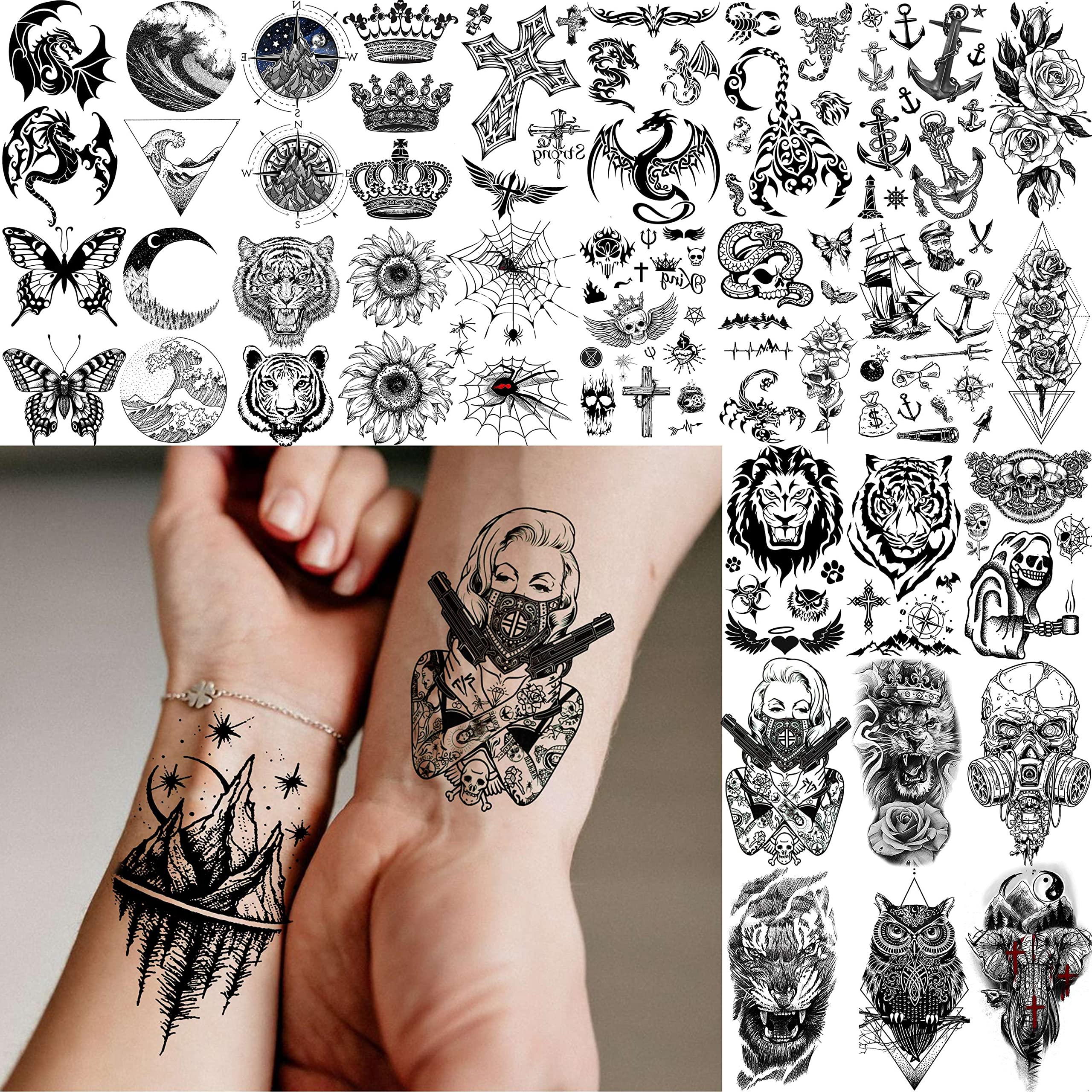 Rejaski 66 Sheets Black Eagle Dragon Temporary Tattoos For Men Women Thigh, Scary Halloween Tiger Lion Devil Skull Fake Tattoos For Adults, 3D Wolf Large Half Arm Sleeve Realistic Tatoo Forearm Teens