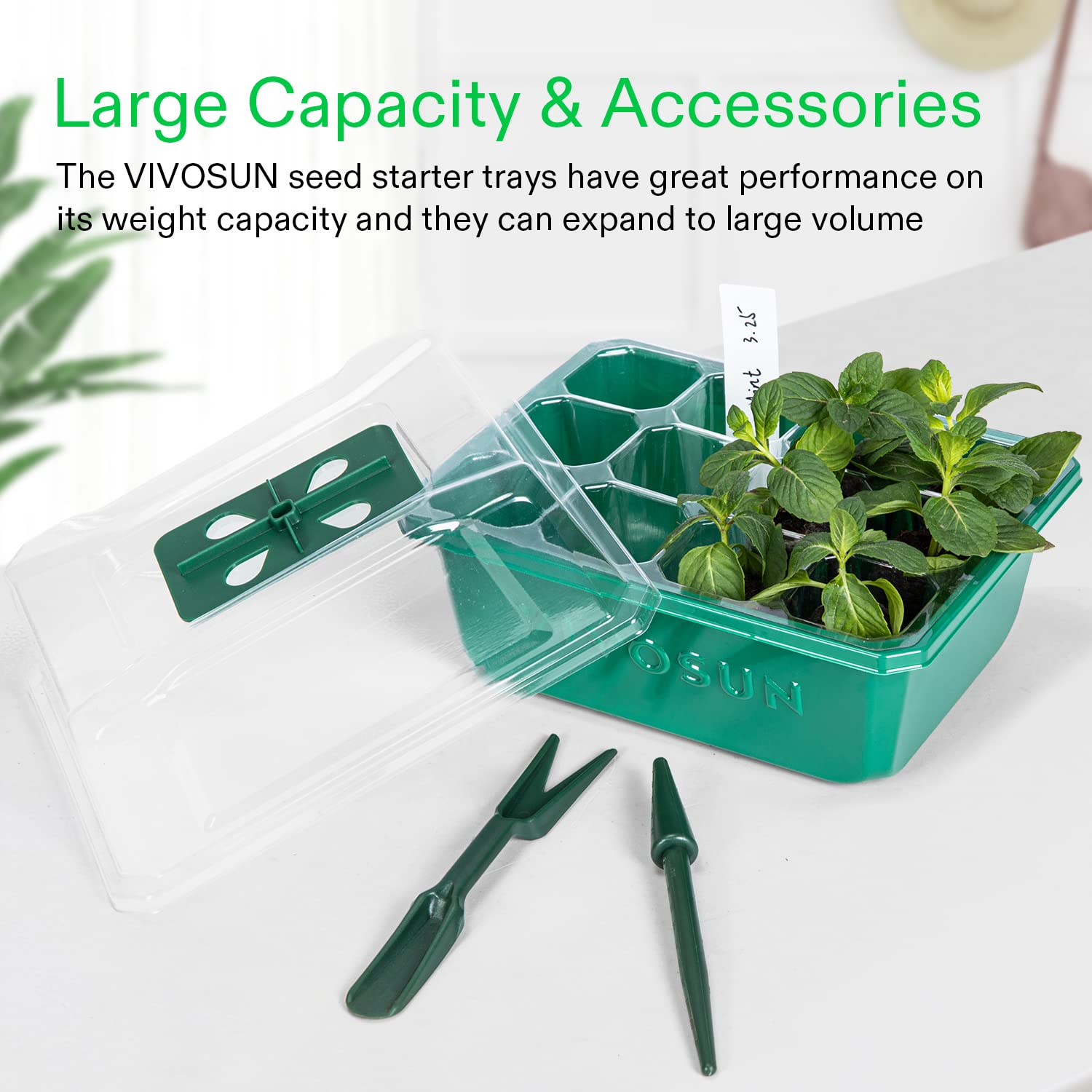 VIVOSUN 6-Pack Seed Starter Trays, 72-Cell Seed Starter Kit with Humidity Dome, Flat Reusable Plant Germination Trays with Drain Hole, Green Propagation Tray for Planting Seeds