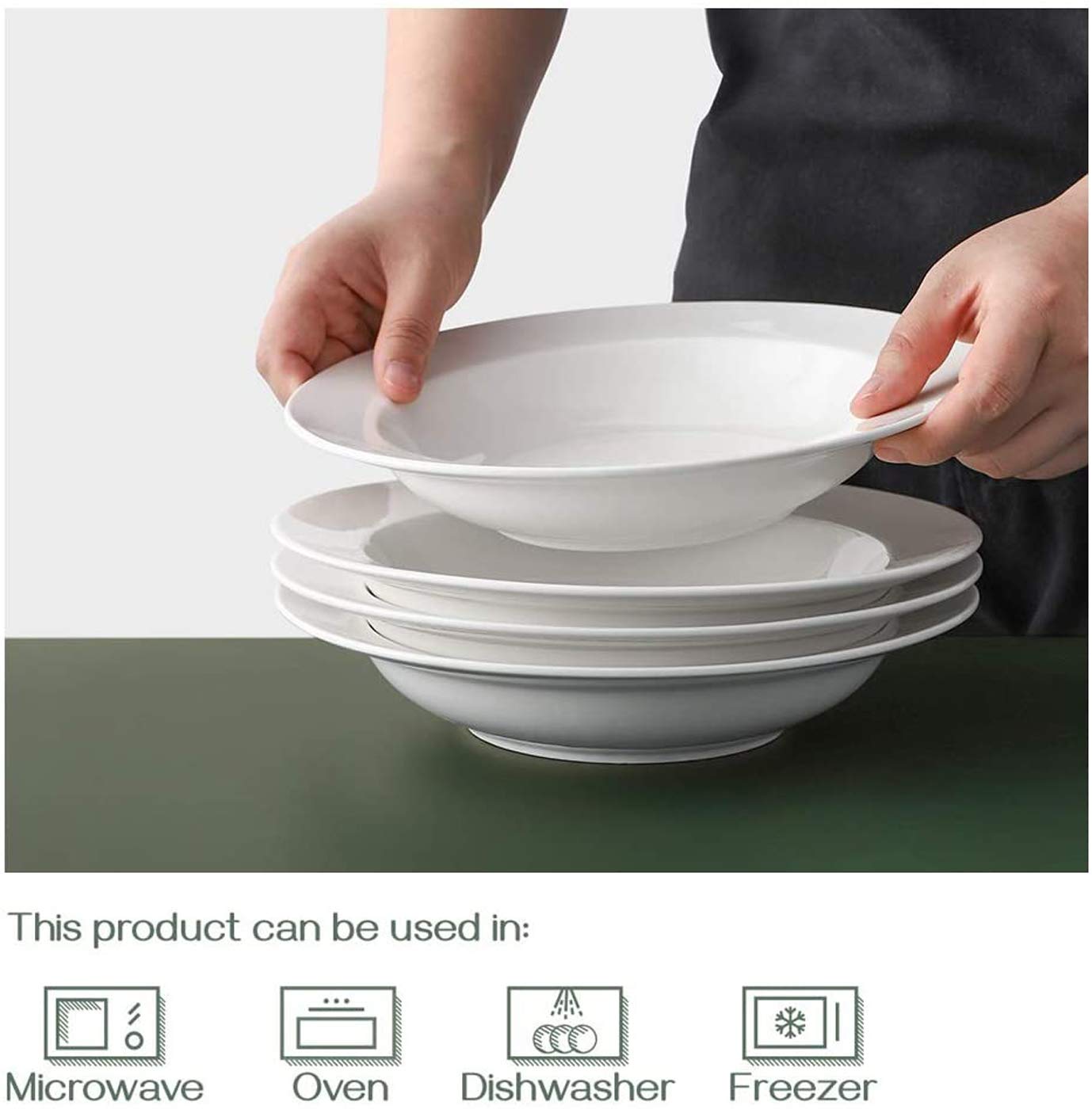 RunChao Soup Bowls, Salad Bowls,Pasta Bowl Set of 4, White Shallow Bowl Plates,10 Inches Diameter with Rim,20 Ounces, Microwave Dishwasher Safe