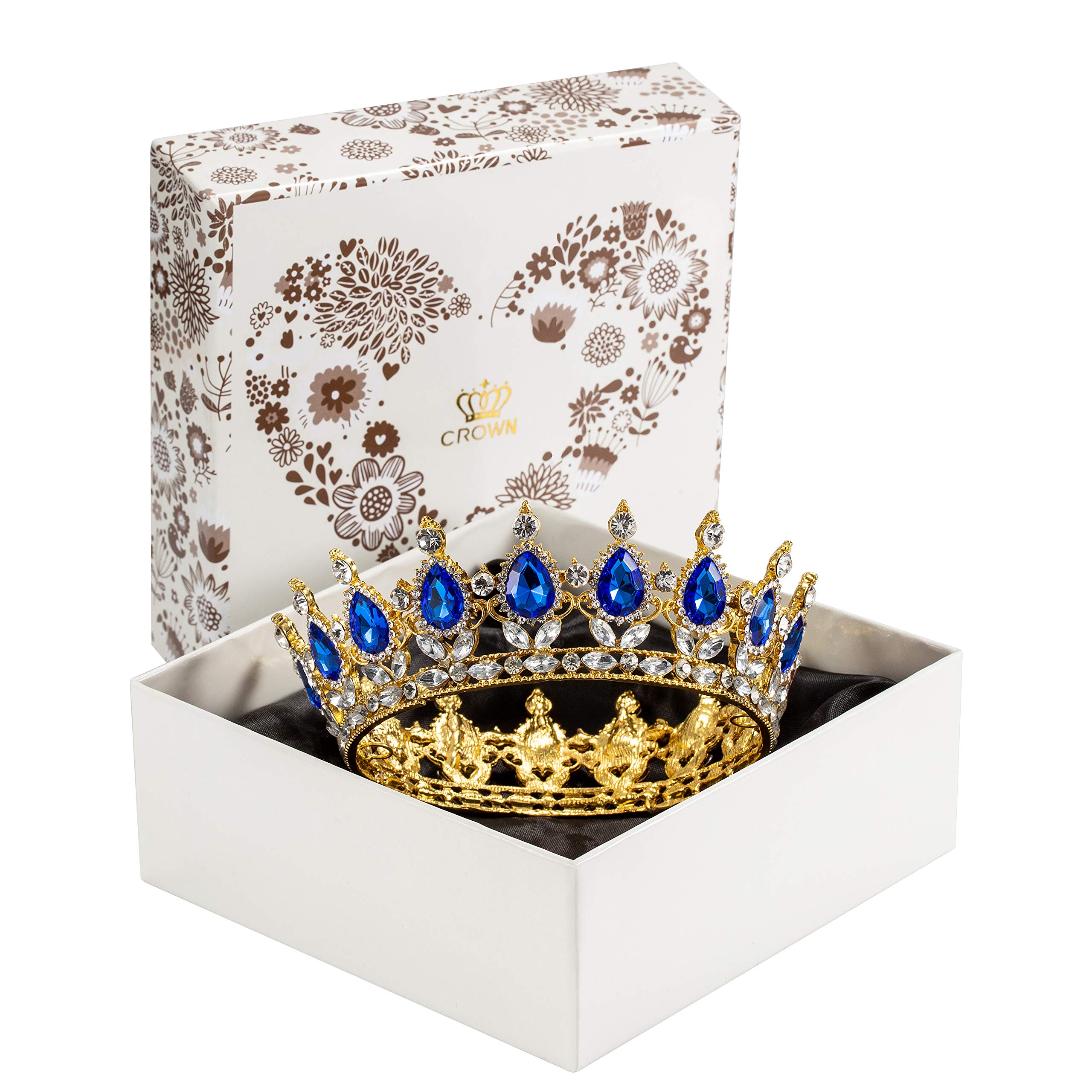 Pensoda Rhinestone Cake Topper Crown Fancy Party Cake Decoration Princess And Prince Headpiece (Gold-blue)
