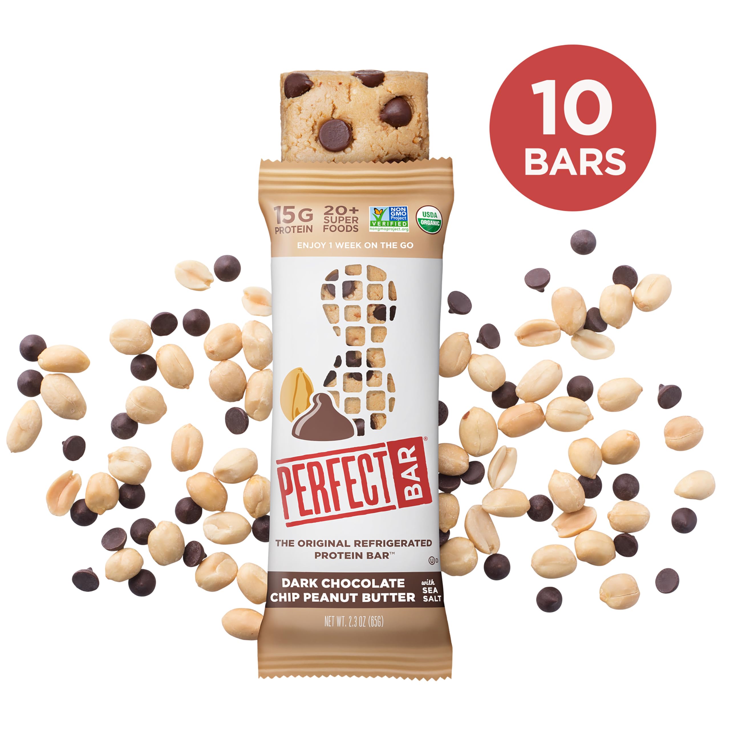 Perfect Bar, Dark Chocolate Chip Peanut Butter Protein Bar, High Protein, Organic, Gluten Free, Soy Free, Non GMO, No Sugar Alcohols, 2.3 Ounce Bar, 10 Count