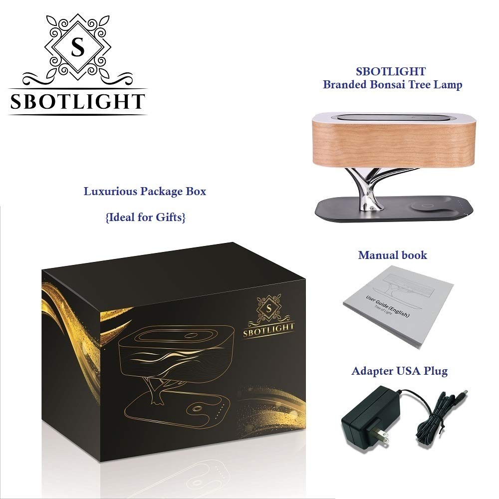 SBOTLIGHT Bedside Tree Lamp with Bluetooth Speaker and Wireless Charger Desk Tree of Life lamp Sleep Mode Stepless Dimming LED Night Light QI Charging Phones Wireless Charge