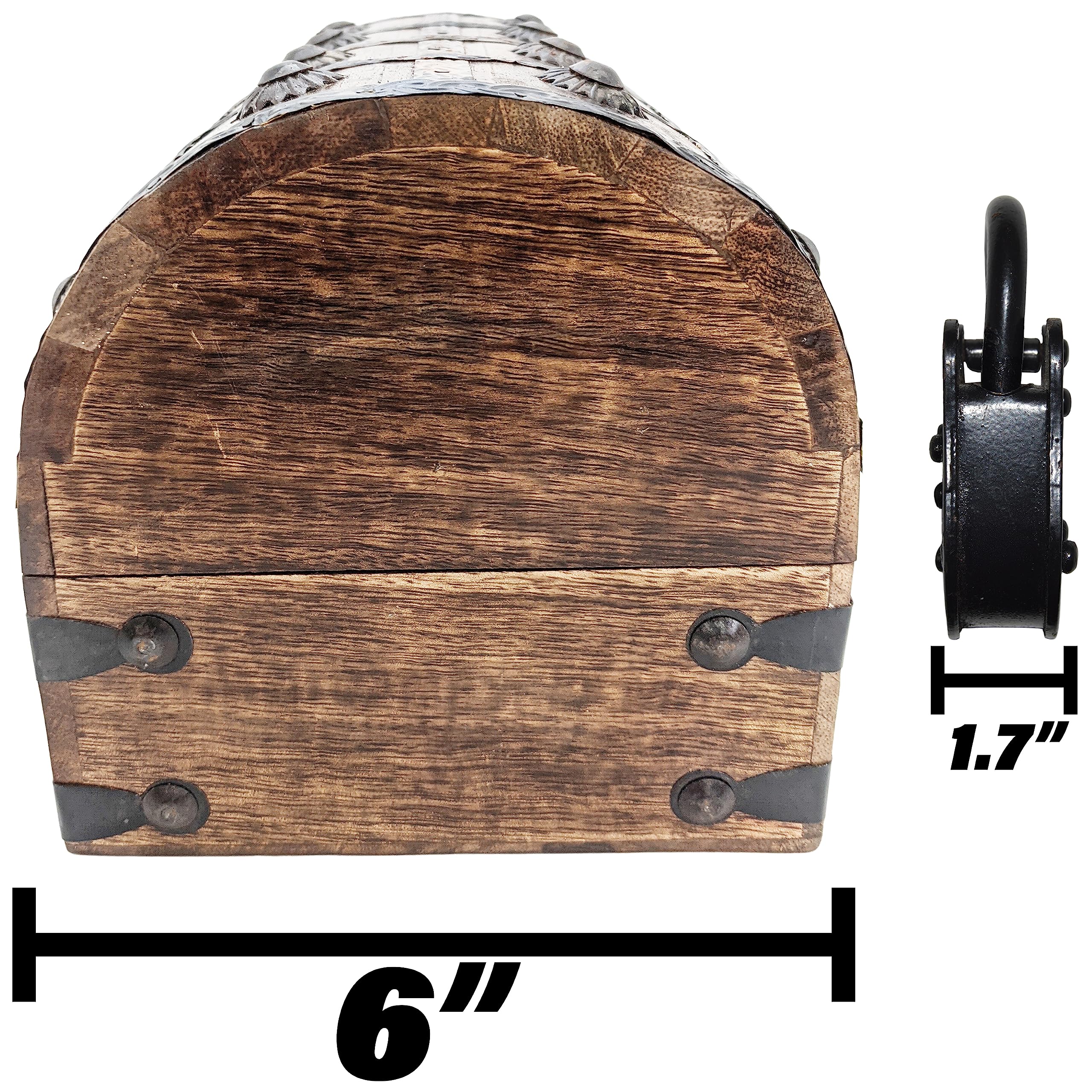 SciencePurchase Pirate's Treasure Chest Wooden Nautical Jewelry Box with Functional Lock and 2 Keys, Wood with Iron Accents, Hinged Lid, 8 Inches Long