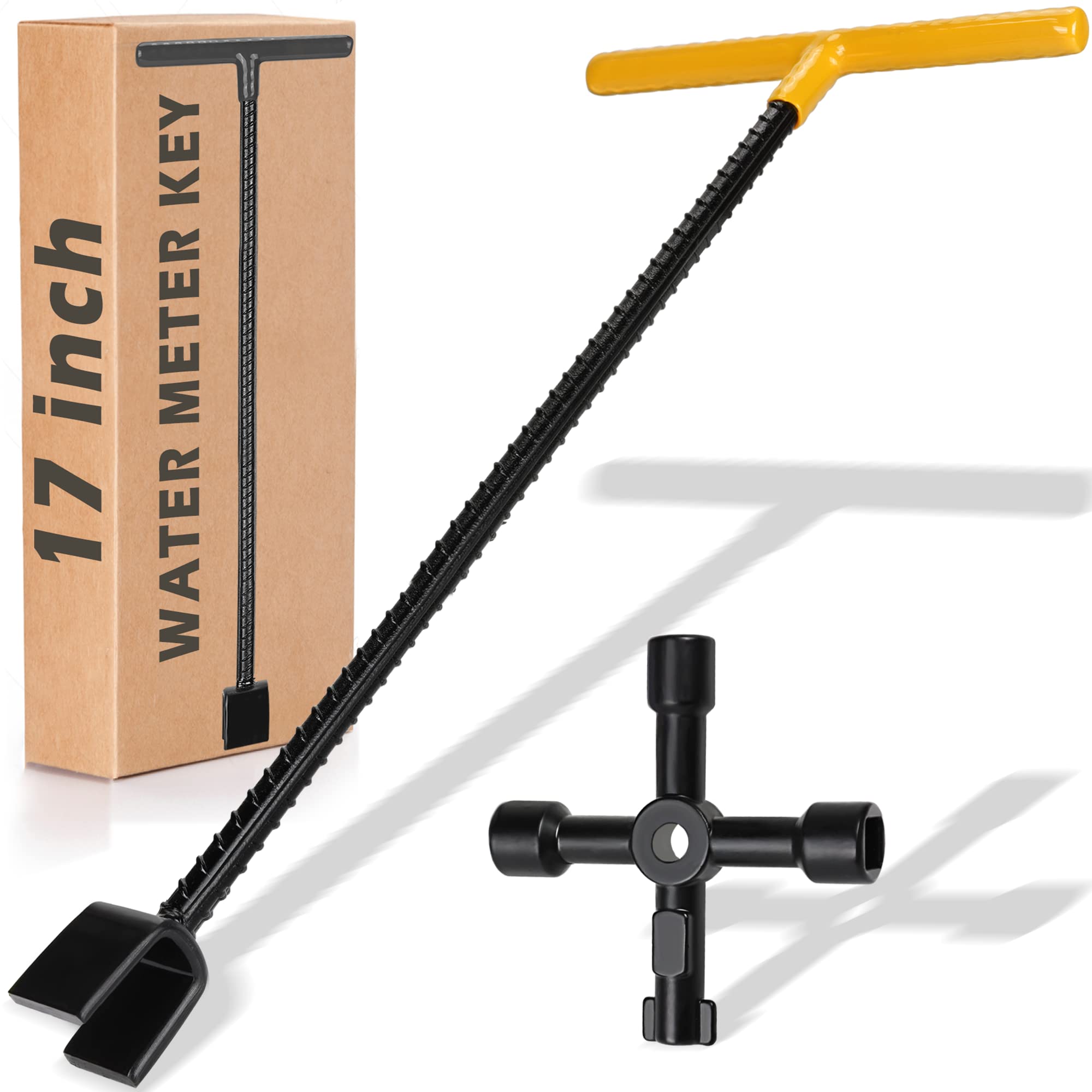 Winisok 17 Inch Water Meter Key With 4-Way Multi-Functional Utilities Key, Enforced Rebar Water Shut Off Tool Wrench T-handle for Curb Main and Water Meters, Underground Stop or Waste Valves