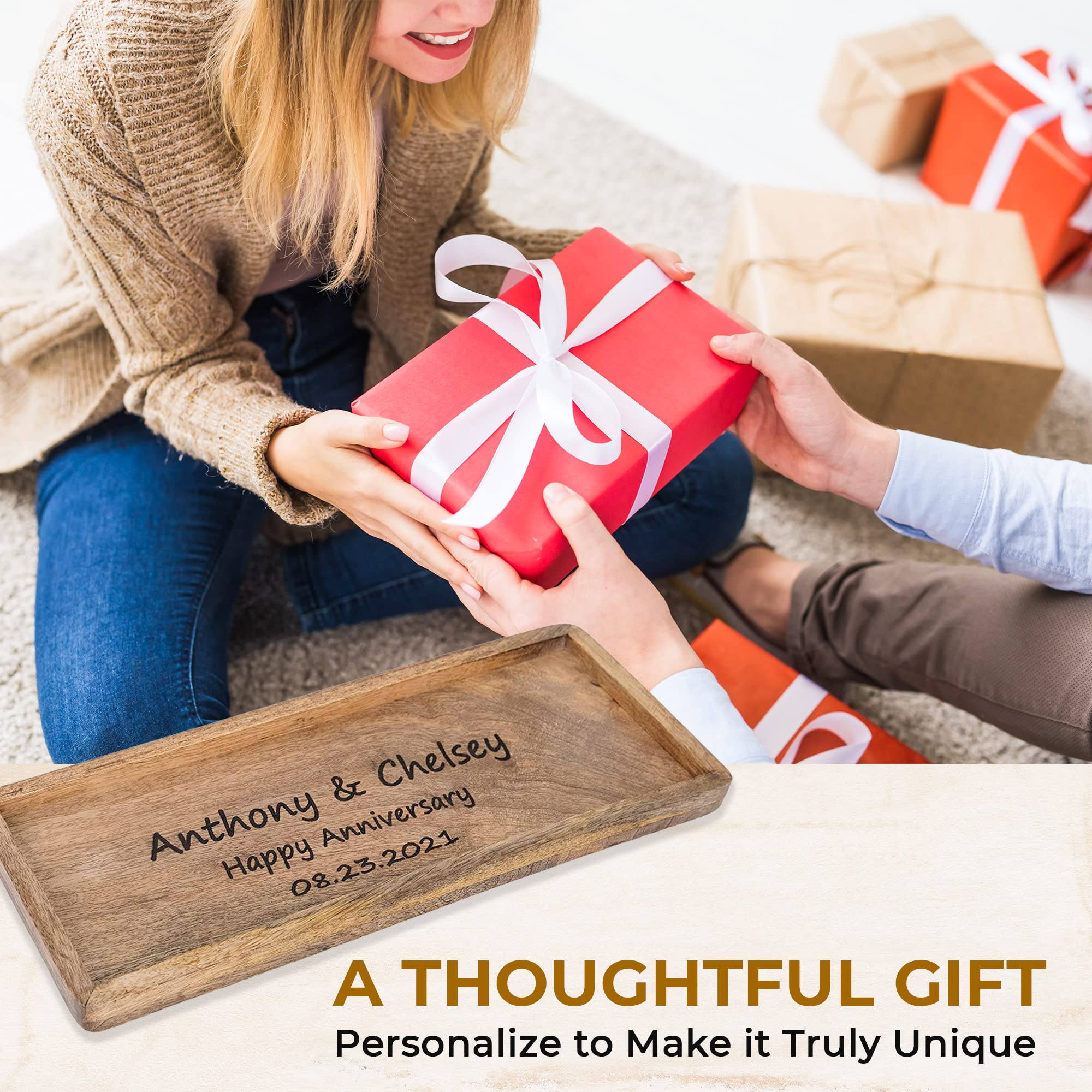 Personalized Wooden Serving Platters - Custom Wood Serving Tray with Raised Edges - Decorative Rectangular Wooden Trays for Food, Fruits, Snacks, Appetizers, and Home Parties - 12" X 5" X 0.75"