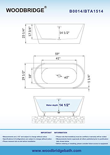 WOODBRIDGE 59" Acrylic Freestanding Bathtub Contemporary Soaking Tub with Chrome Overflow and Drain, B-0014-C