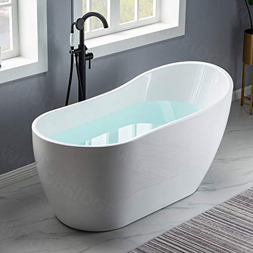 WOODBRIDGE 59" Acrylic Freestanding Bathtub Contemporary Soaking White Tub with Matte Black Overflow and Drain,B1530 -MB-Drain &O