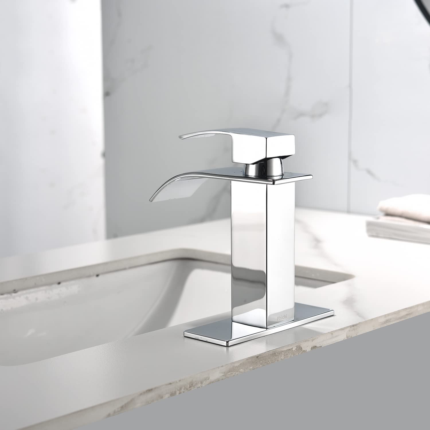 PHICHI Chrome Bathroom Faucet Waterfall Single Handle 1 or 3 Hole Faucet, Commercial Modern Lavatory Tap with Pop-up Drain and Deck Plate