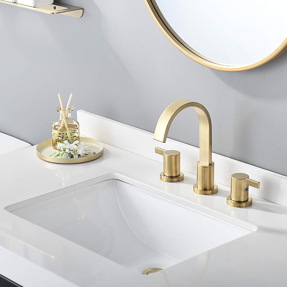 Phiestina 8 Inch 3 Hole 2 Handle Waterfall Widespread Brushed Gold Bathroom Sink Faucet with Metal Pop-Up Drain, WF040-1-BG