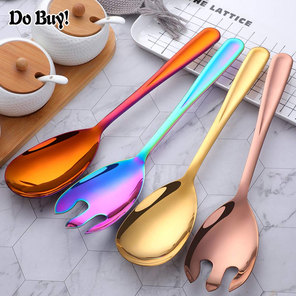 Salad Spoon and Fork Set,Stainless Steel Salad Serving Set,Durable&Elegant,for Salad, Gravies or Pasta, Gold/Brass Finish (2pcs, rainbow)