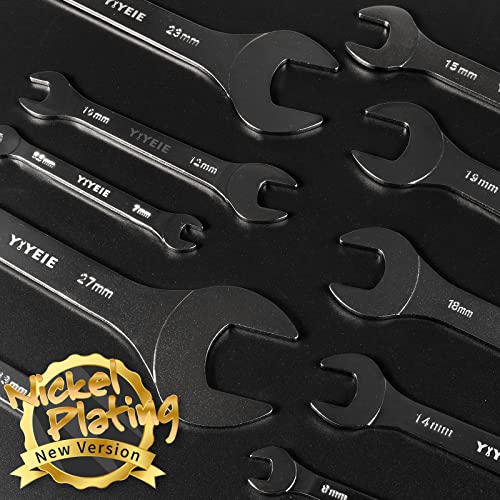 YIYEIE Super-Thin Open End Wrench Set, 10-Piece Metric, 5.5, 7, 8, 9, 10, 11, 12, 13, 14, 15, 16, 17, 18, 19, 20, 21, 22, 23, 24, 27 mm, Nickel Coating, CR-V Steel, Slim Wrench with Rolling Pouch