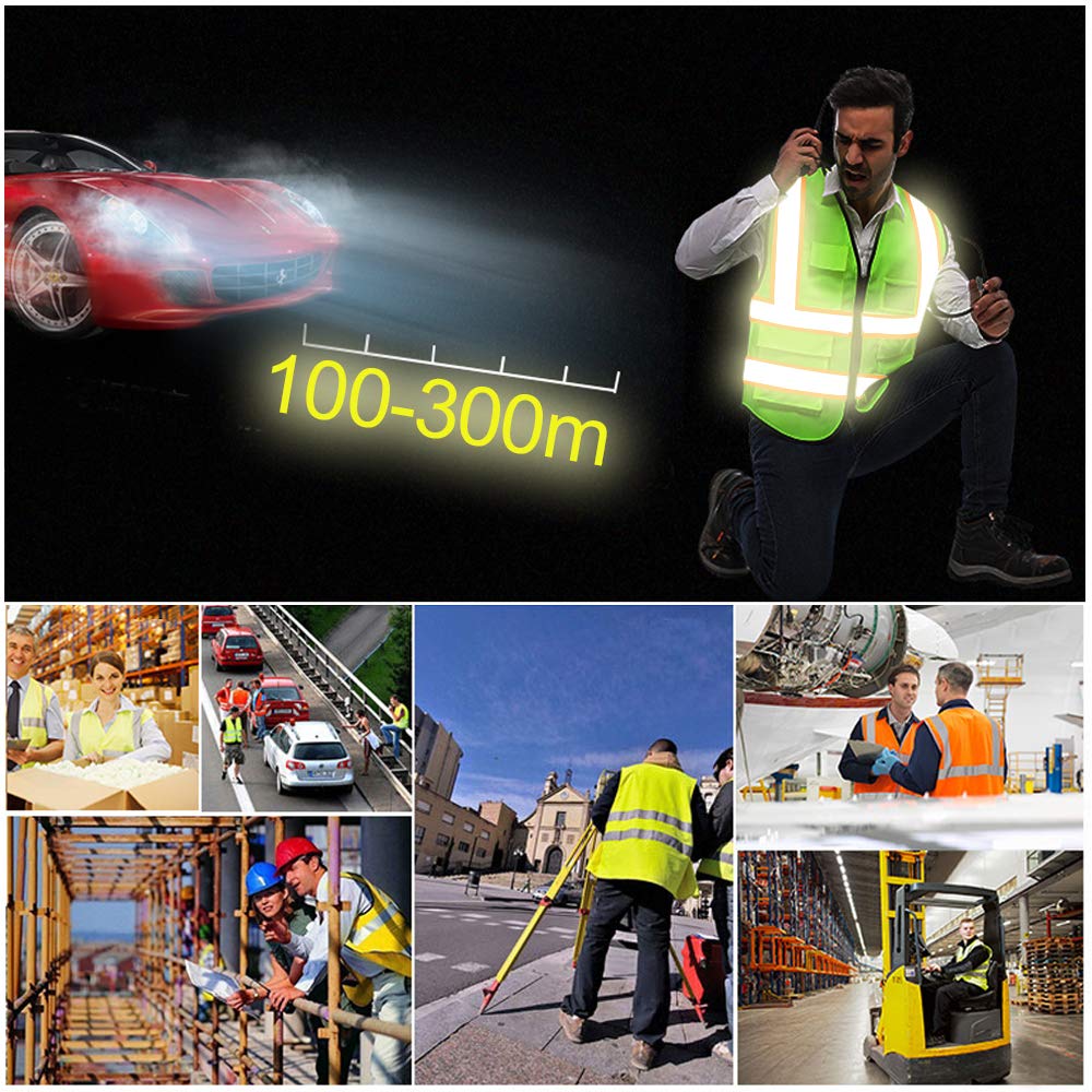 YOWESHOP High Visibility Reflective Safety Vest Customize Logo With 5 Pockets Hi Vis Vest Outdoor Protective Workwear (Black - green webbing (L))
