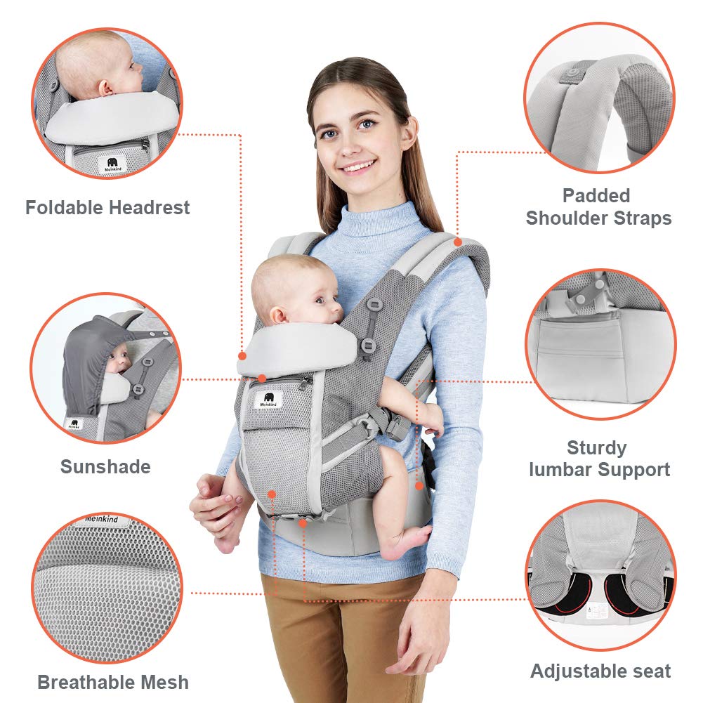 Meinkind Convertible Carrier, 4-in-1 Infant Carrier Ergonomic, Soft Breathable Comfortable Baby Carrier for 7~45lbs Infant, Front and Back Carrier with Head Support, Padded Shoulder Strap, Grey