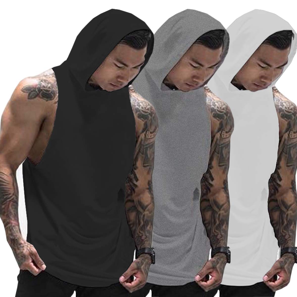 Muscle Killer 3 Pack Men's Workout Hooded Tank Tops Bodybuilding Muscle Cut Off T Shirt Sleeveless Gym Hoodies (Black+Gray+White, X-Large)